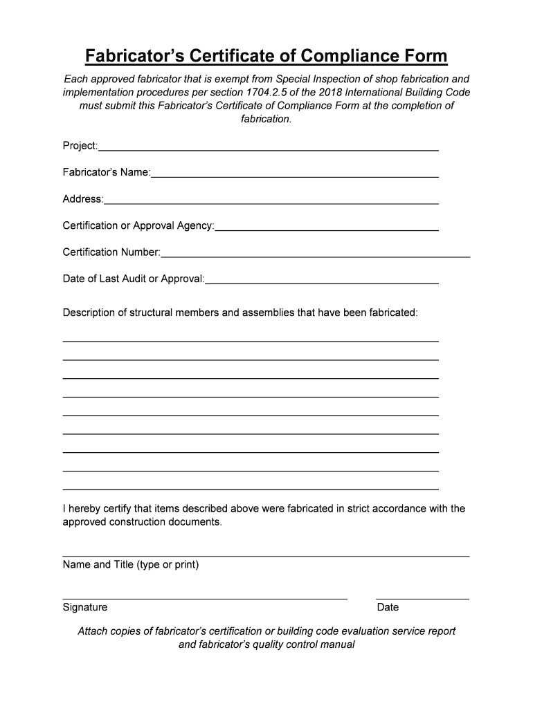 Fillable Online Fabricator's Certificate of Compliance Form Fax Email ...