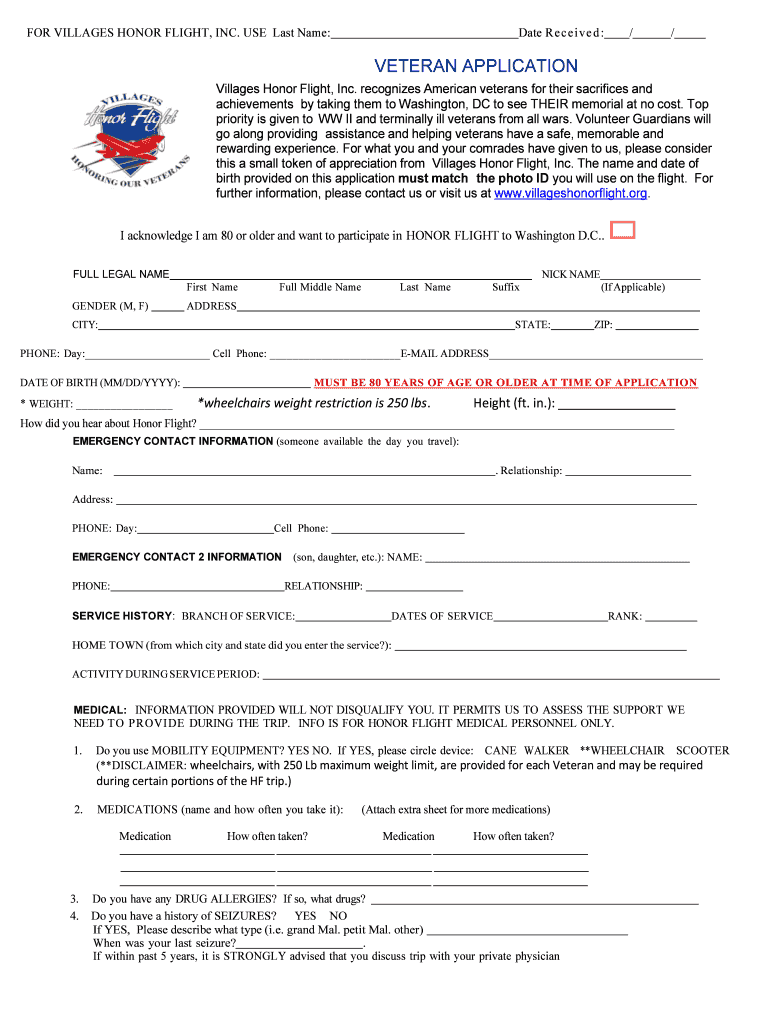 Fillable Online Fillable Online Villages Honor Flight Applications Fax ...