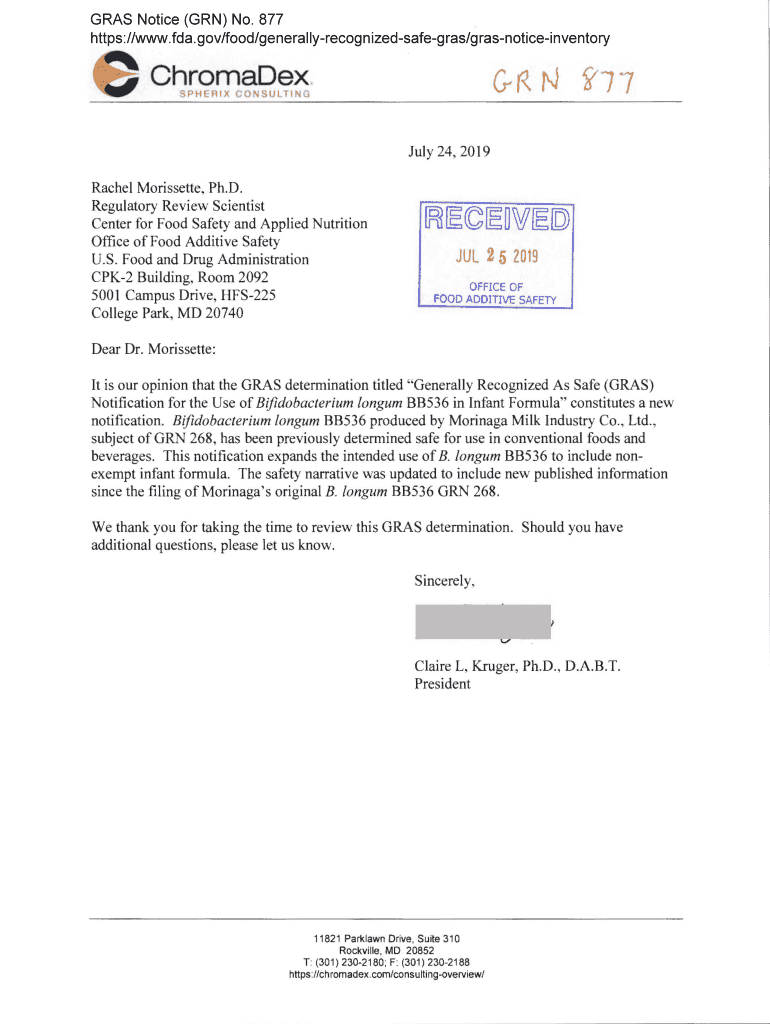 Fillable Online GRAS Notice 877, Bifidobacterium longum BB536 Fax Email ...