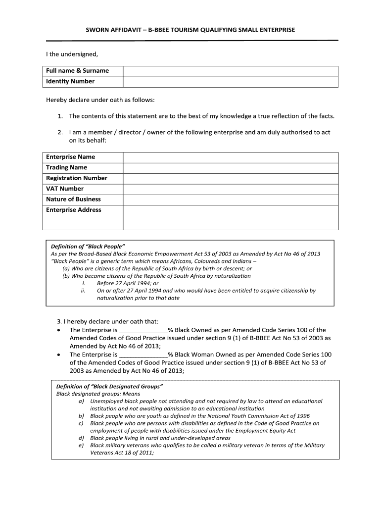 Fillable Online SWORN AFFIDAVIT B-BBEE TOURISM QUALIFYING SMALL ...