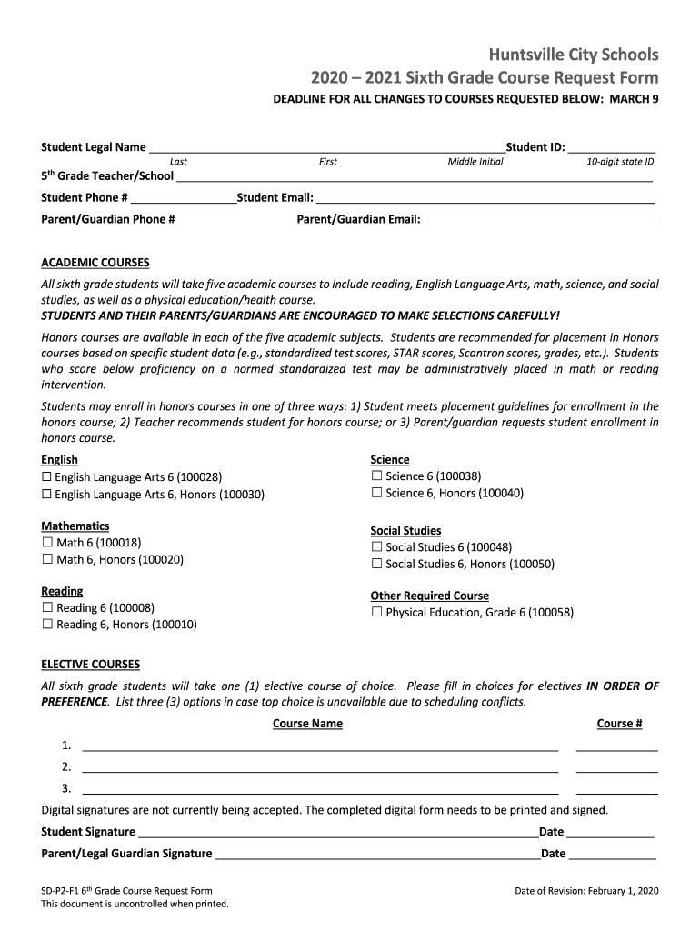 Fillable Online Sixth Grade Course Request Form 2020-2021. HCS Course ...