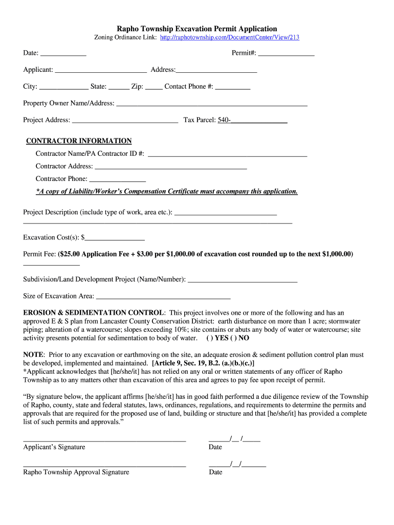 Fillable Online Rapho Township Excavation Permit Application Fax Email ...