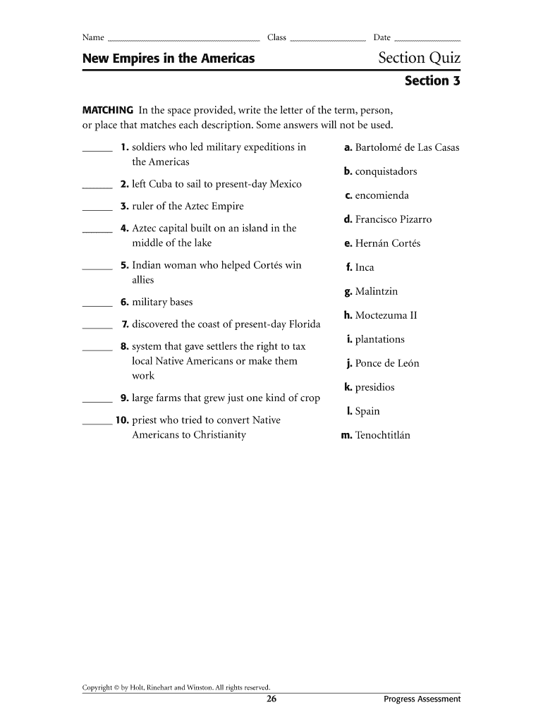 Fillable Online New Empires in the Americas Section Quiz Section 3 Fax ...