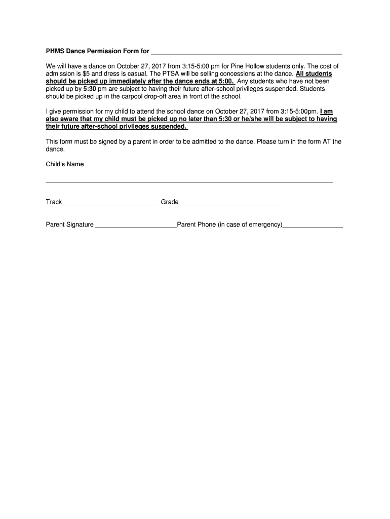 Fillable Online PHMS Dance Permission Form for All students Any ...