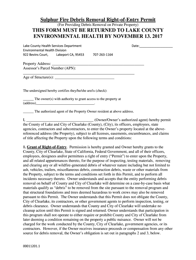 Fillable Online Sulphur Fire Debris Removal Right-of-Entry Permit THIS ...