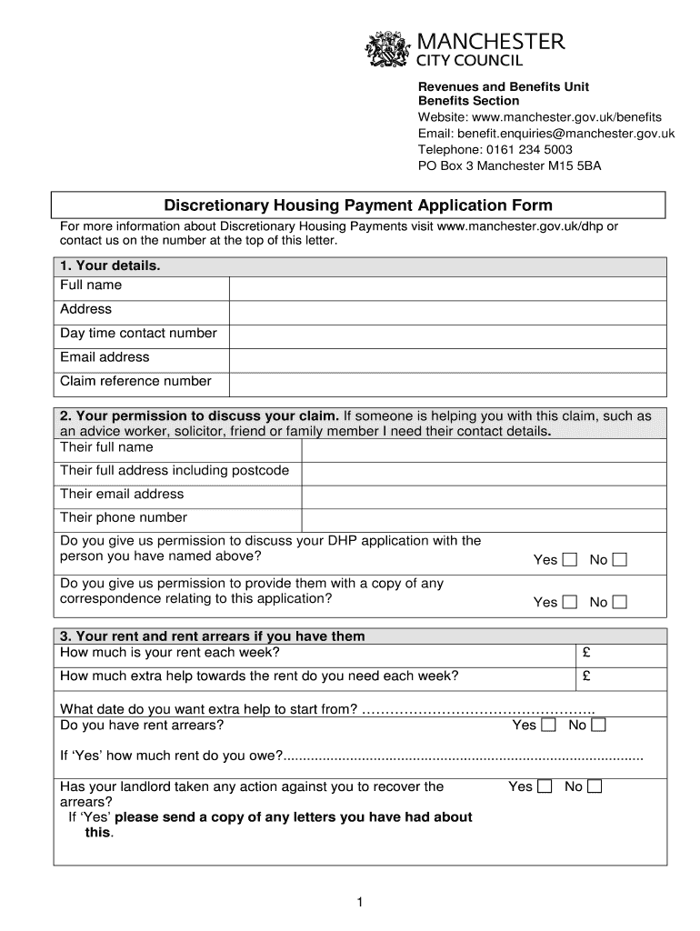 Fillable Online Revenues and Benefits Service - Manchester City Council ...