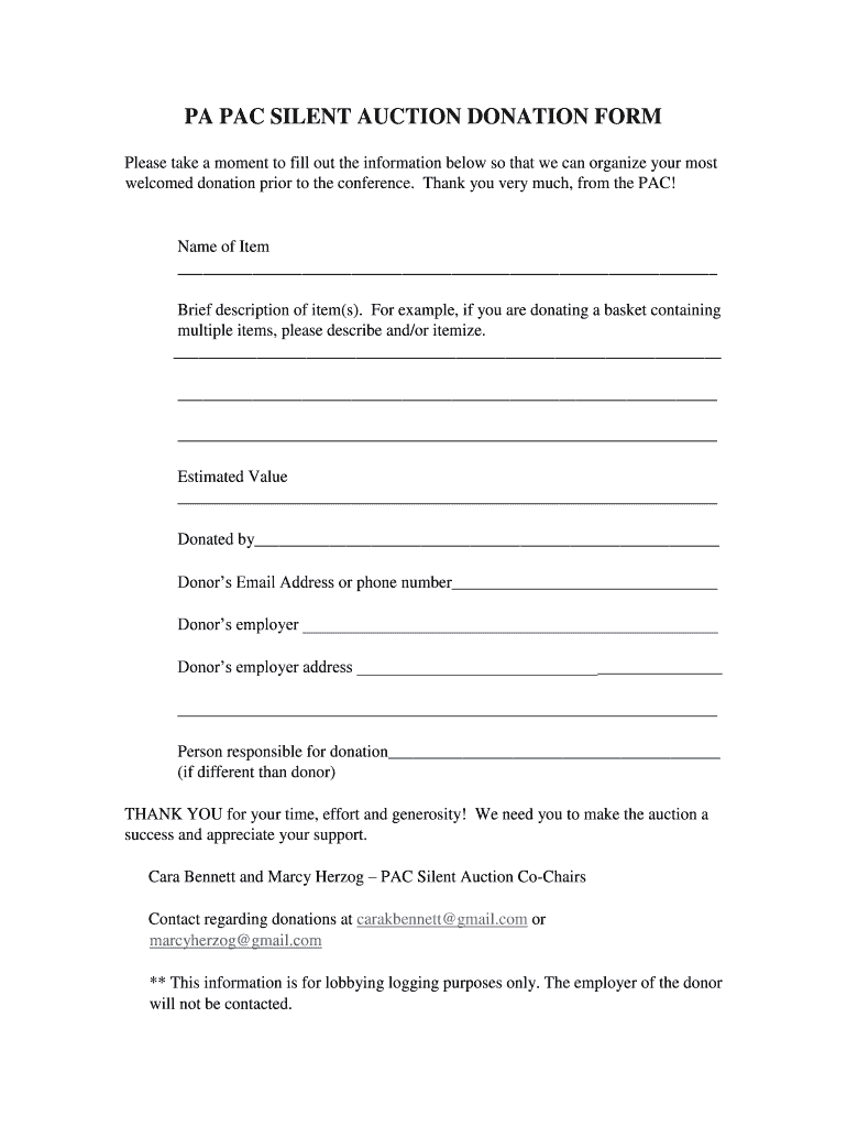 Fillable Online Fillable Online PPA PAC SILENT AUCTION DONATION FORM ...