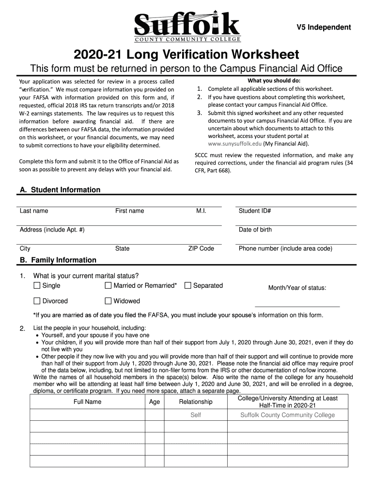 Fillable Online 2021 V5 Independent Long Verification Worksheet. 2021 V5 Independent Long ...