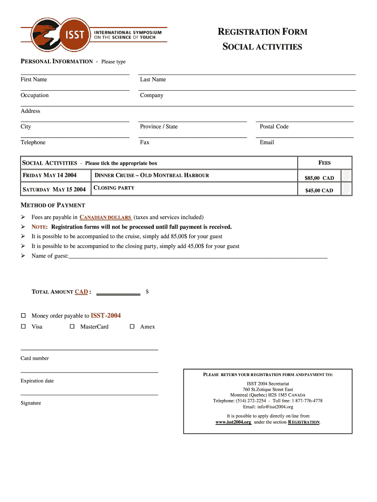 Fillable Online Registration form for social activities for Internet ...
