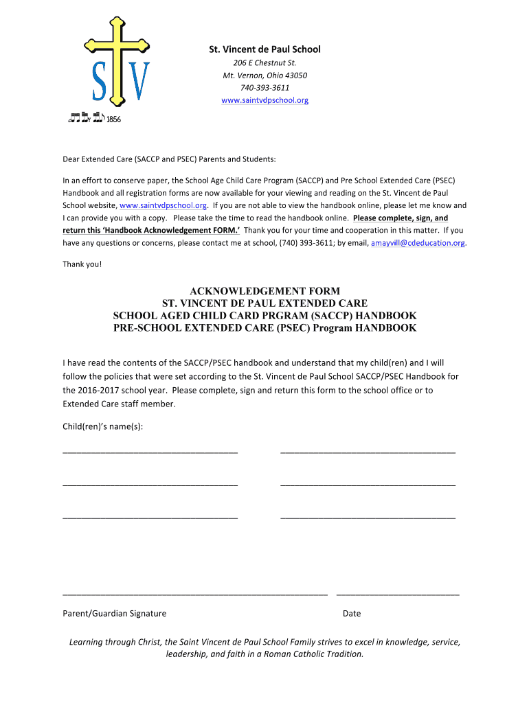 Fillable Online St. Vincent de Paul School - St Vincent Catholic School ...