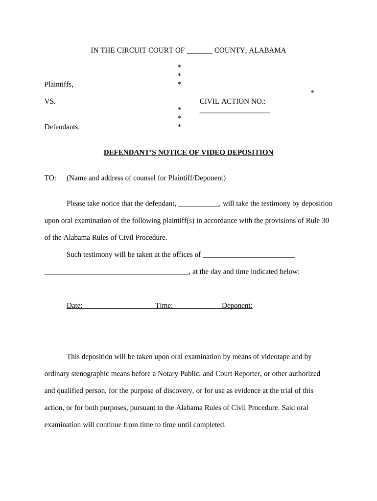 Defendants Notice of Video Deposition Doc Template | pdfFiller