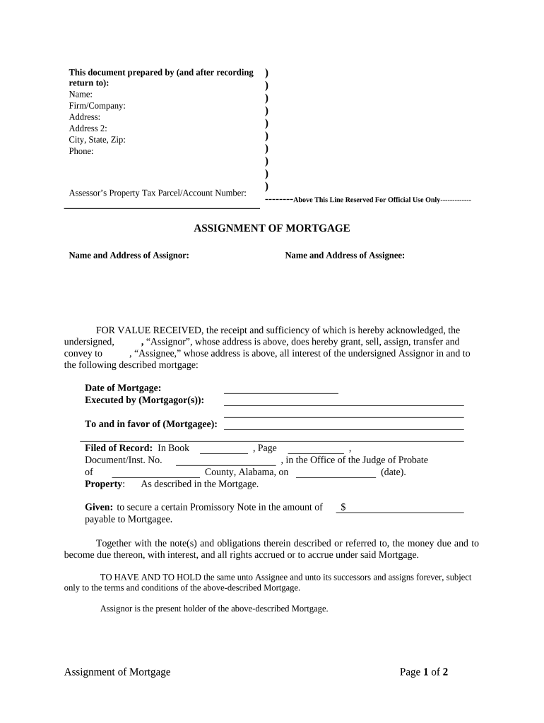 Assignment of Mortgage by Individual Mortgage Holder - Alabama: Fill ...