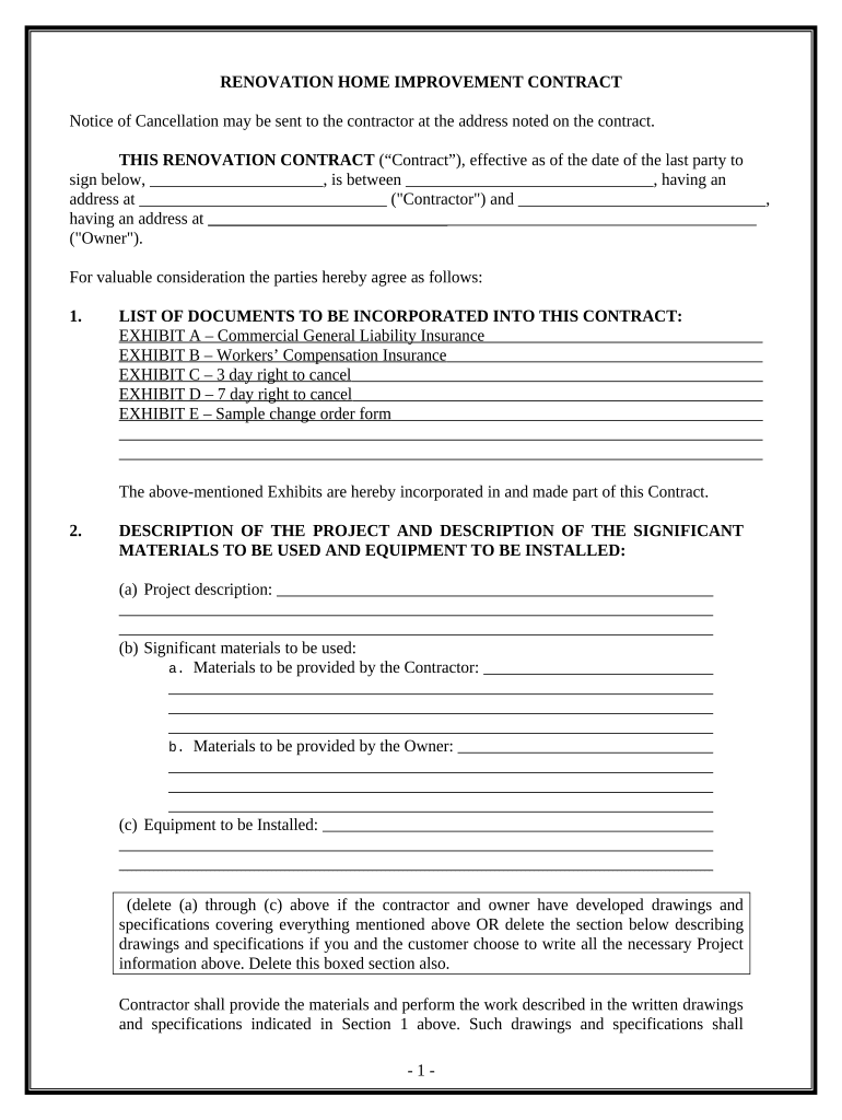 Renovation Contract For Contractor California Fill Out Sign Online DocHub
