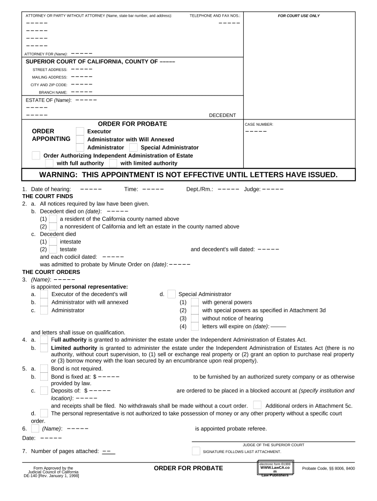 California Order Probate Doc Template PdfFiller