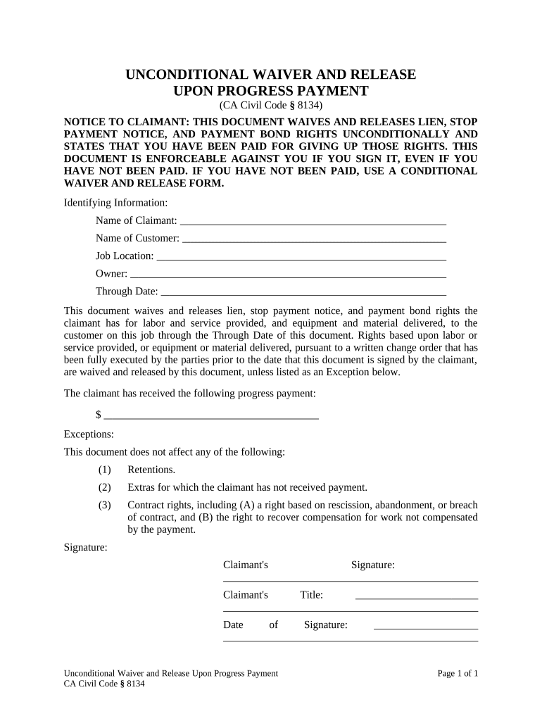Unconditional Release Progress Payment Doc Template PdfFiller