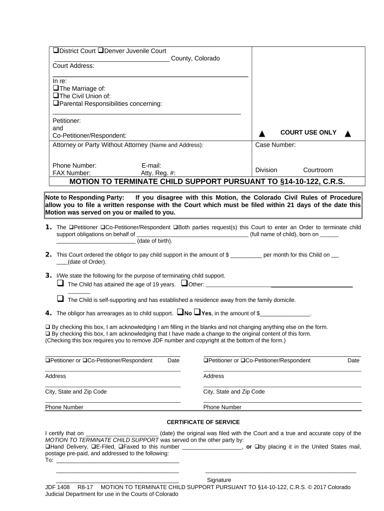 Colorado Motion Terminate Child Support Doc Template PdfFiller