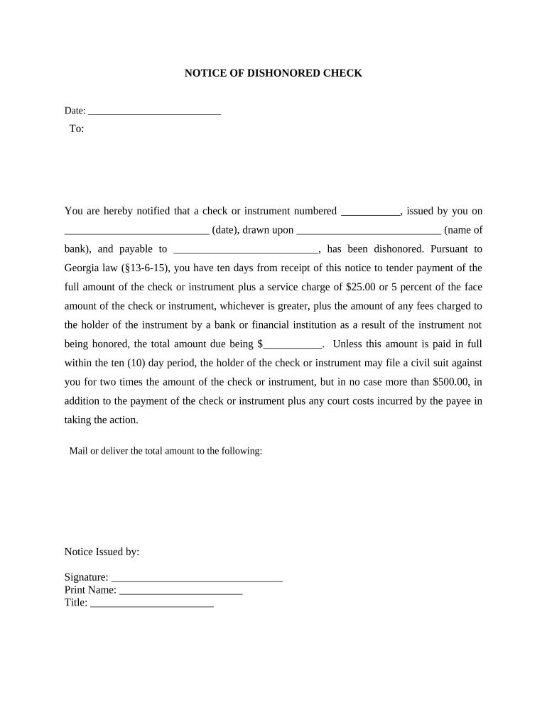 Notice of Dishonored Check - Civil - Keywords: bad check, bounced check - Georgia: Fill out ...