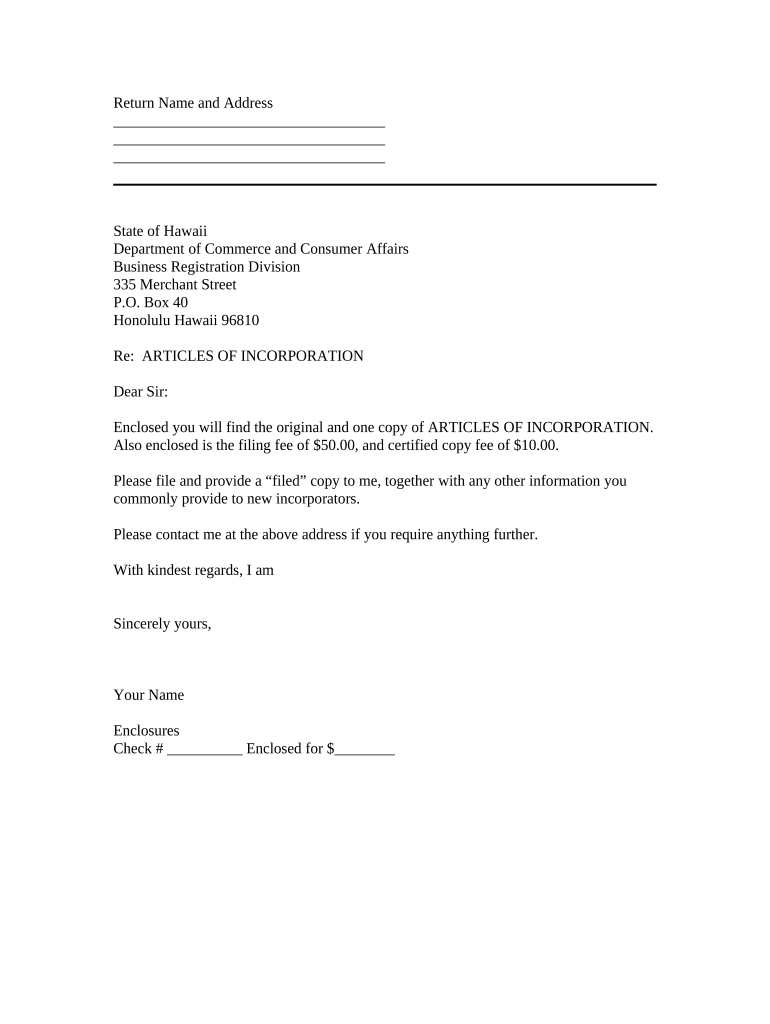 Sample Transmittal Letter for Articles of Incorporation Doc Template | pdfFiller