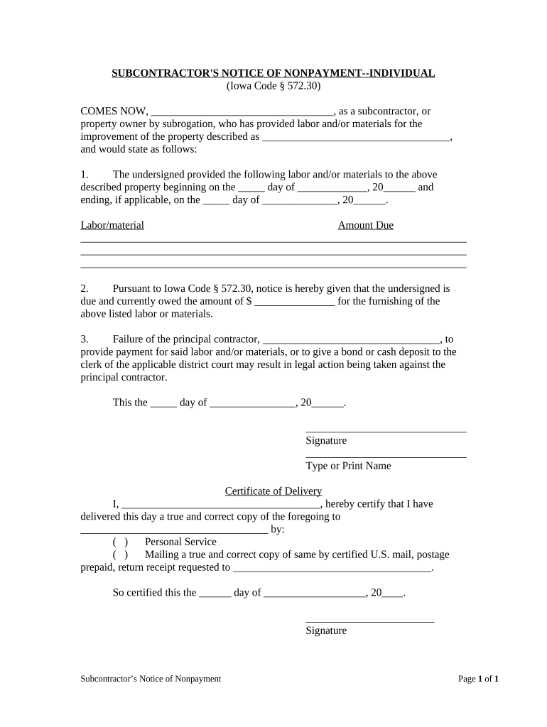Subcontractor's Notice of Nonpayment - Individual - Iowa: Fill out ...