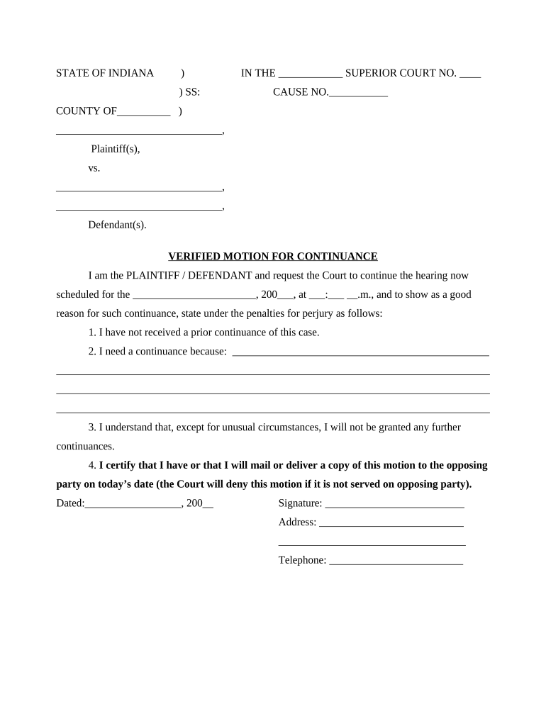 Motion For Continuance Indiana Doc Template PdfFiller