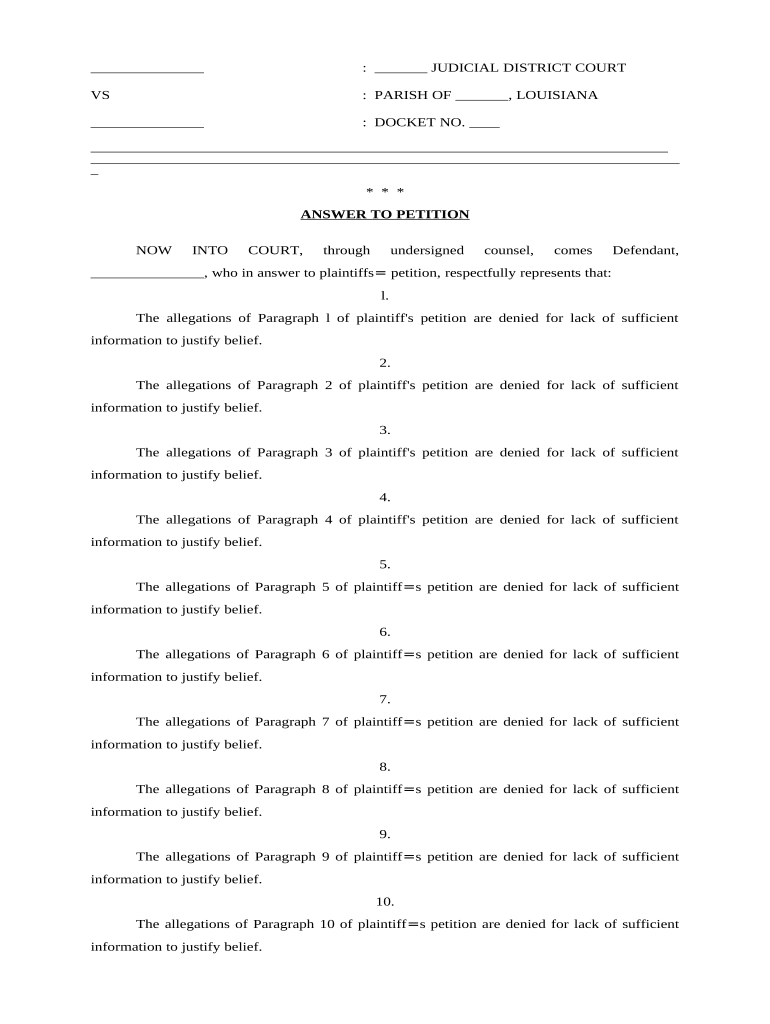 Answer to Plaintiff's Petition Doc Template | pdfFiller