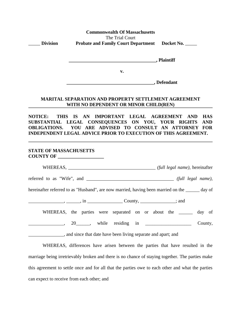 Massachusetts Separation Agreement Template Fill Out Sign Online 