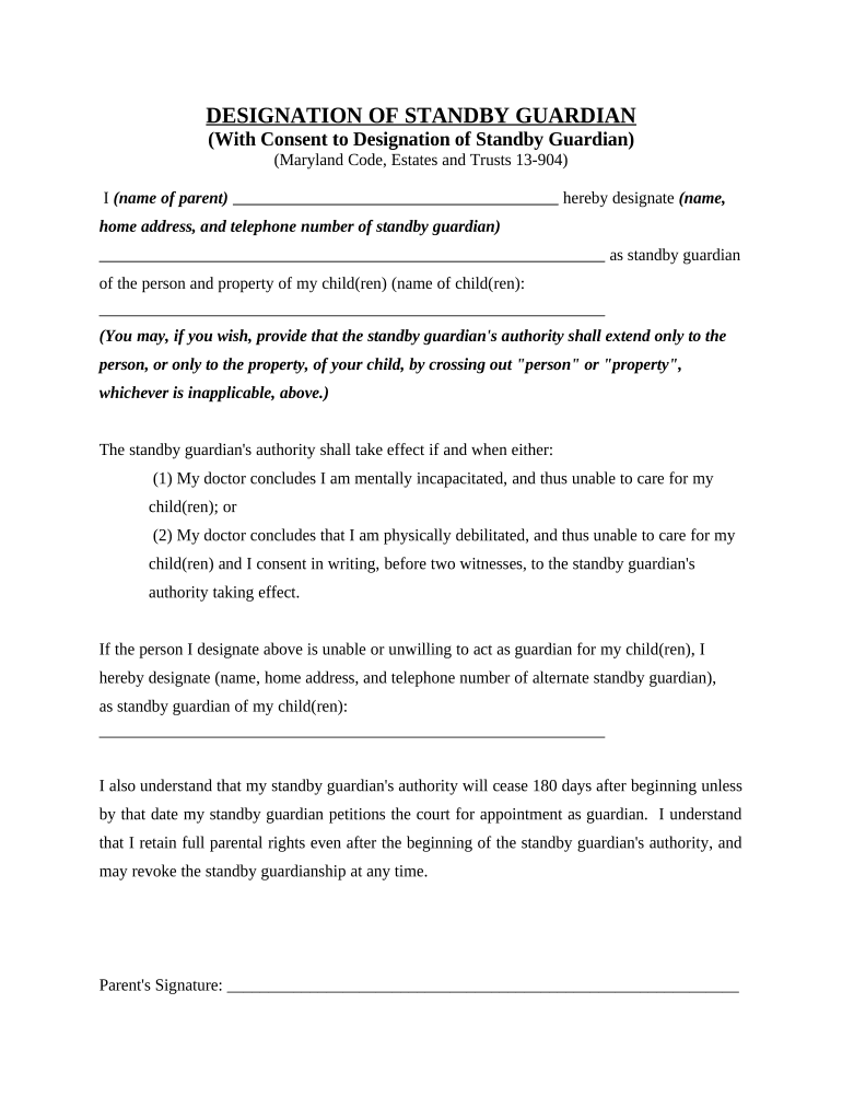 Statutory Designation of Standby Guardian - Maryland Doc Template ...