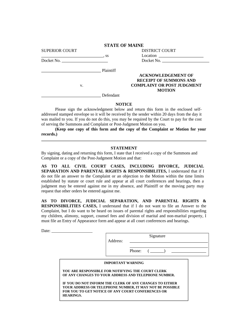 Acknowledgment of Receipt of Summons - Complaint Doc Template | pdfFiller