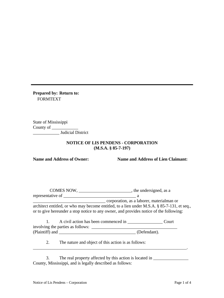 Notice of Lis Pendens - Corporation or LLC Doc Template | pdfFiller