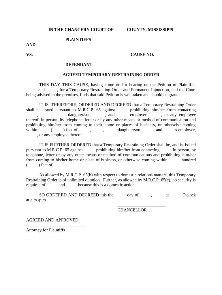 Mississippi Temporary Restraining Order Doc Template PdfFiller