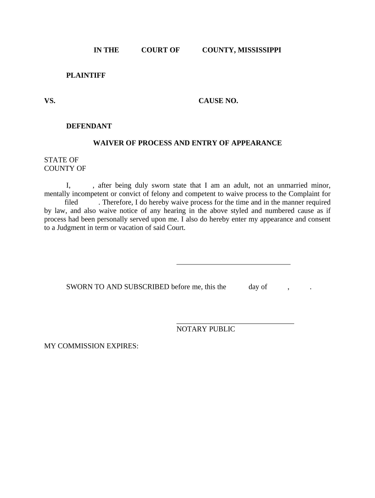Waiver of Process and Entry of Appearance Doc Template | pdfFiller