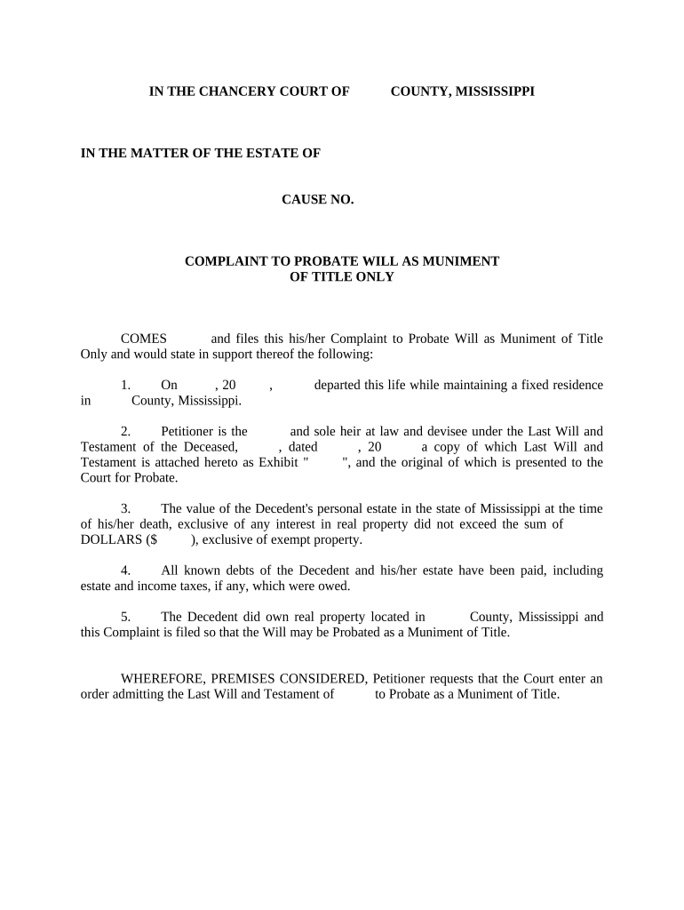 Mississippi Probate Will Doc Template PdfFiller