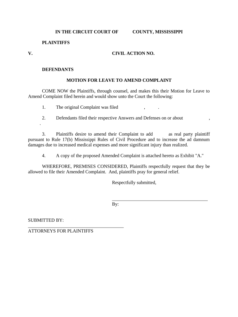 Motion Amend Complaint Sample Doc Template PdfFiller