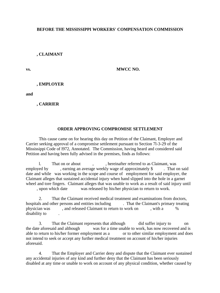 Order Approving Compromise Settlement - Mississippi Doc Template | pdfFiller