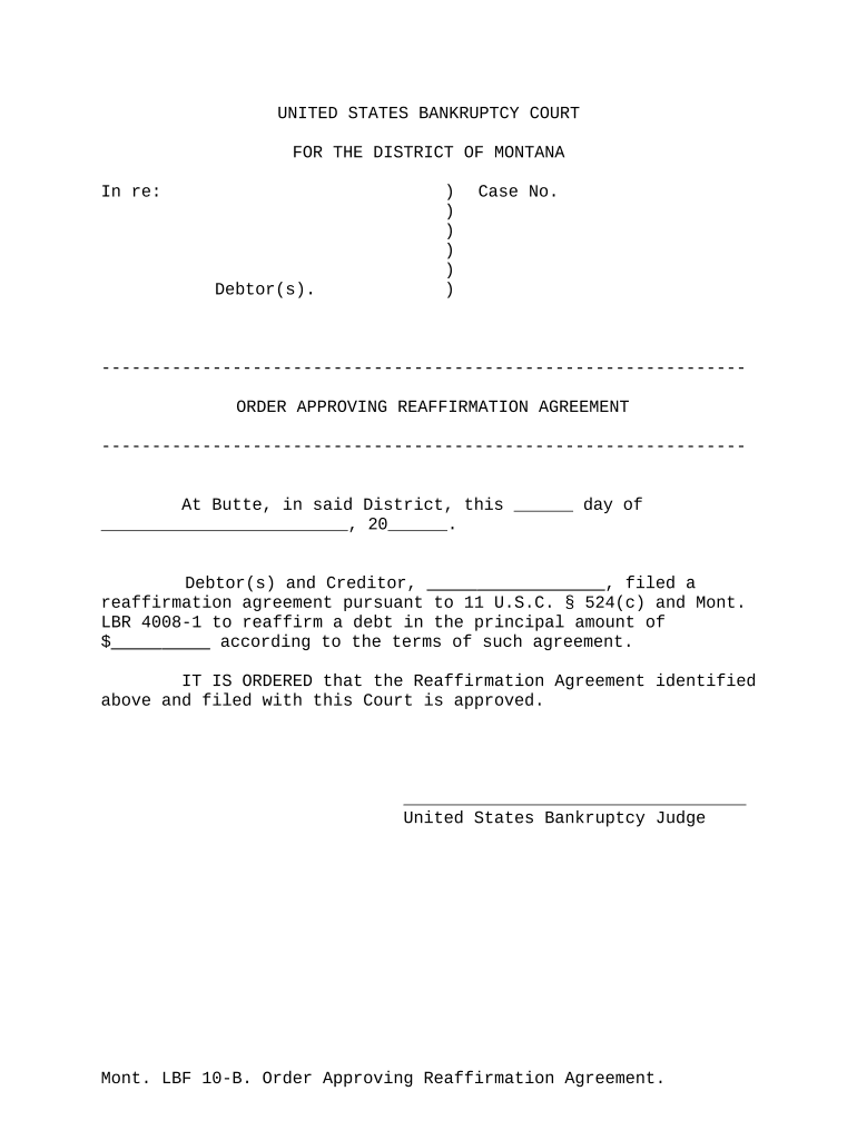 Order Approving Reaffirmation Agreement - Montana Doc Template | pdfFiller