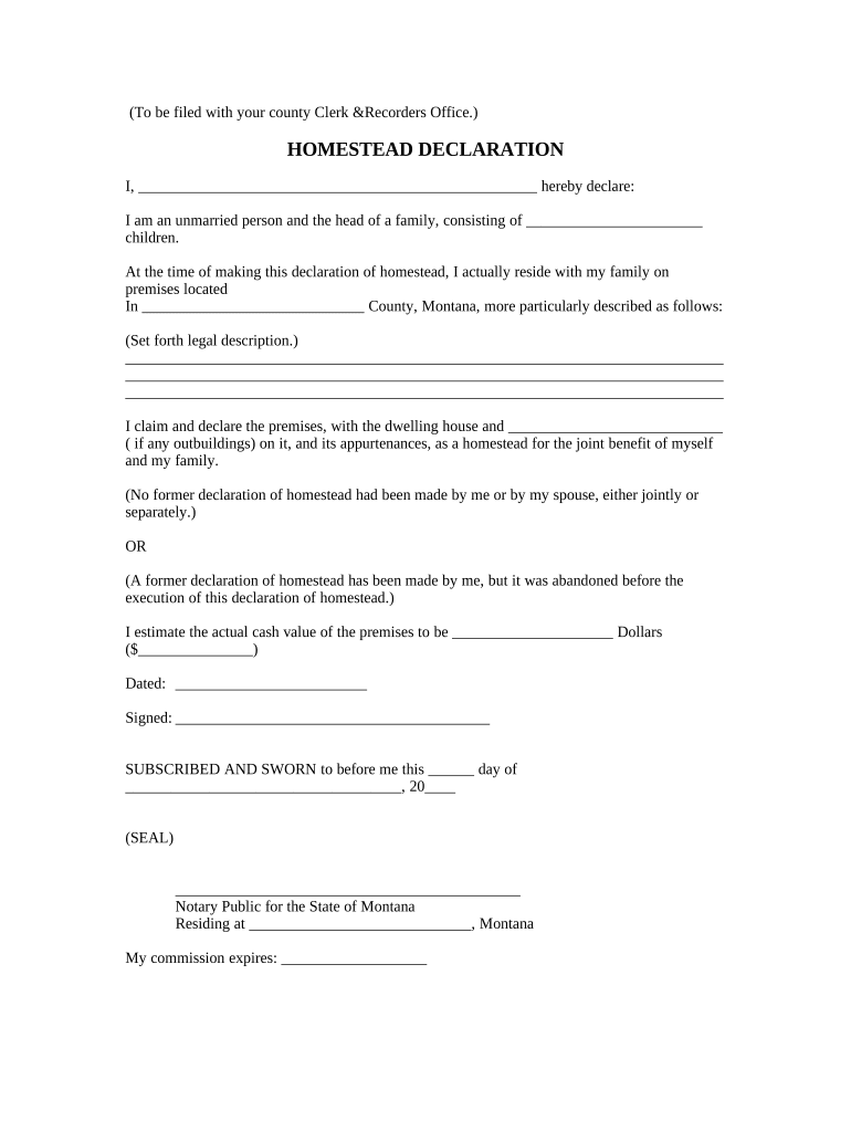 Montana Homestead Declaration - Blank Fillable Template | Fill Out ...