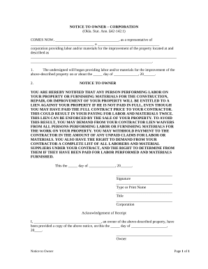 NOTICE TO OWNER - CORPORATION Doc Template | pdfFiller