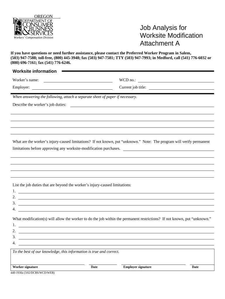 Job Analysis for Worksite Modification - Attachment A - Oregon Doc Template | pdfFiller