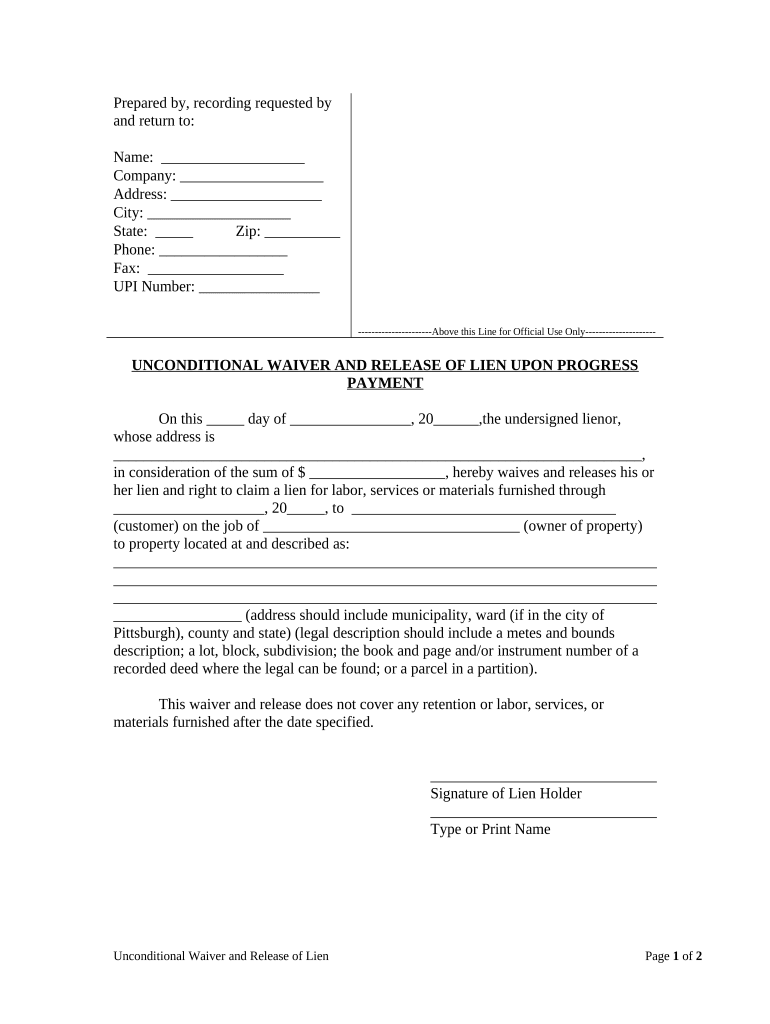 Unconditional waiver and release upon progress payment: Fill out & sign ...