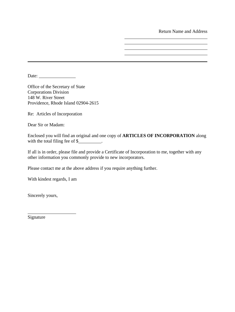 Sample Transmittal Letter for Articles of Incorporation Doc Template | pdfFiller