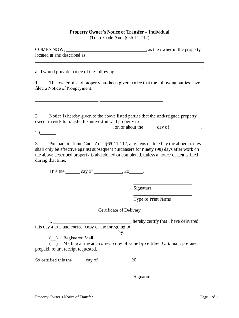 Owner's Notice of Transfer - Individual - Tennessee: Fill out & sign ...