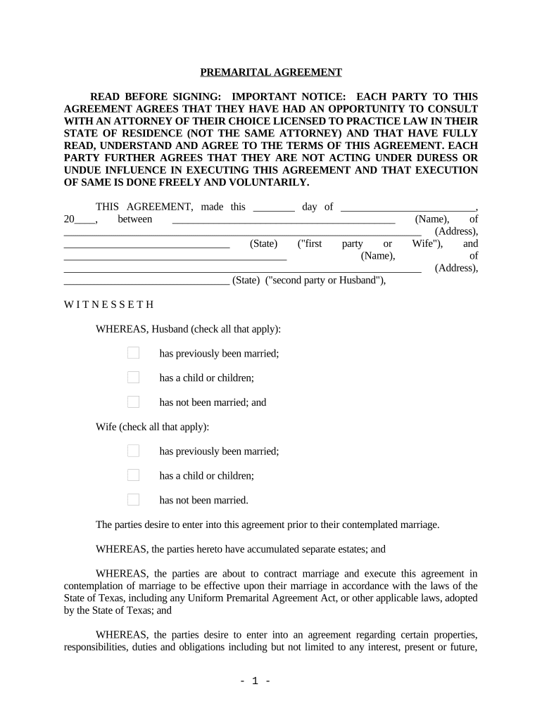 Texas Prenuptial Premarital Agreement Without Financial Statements 