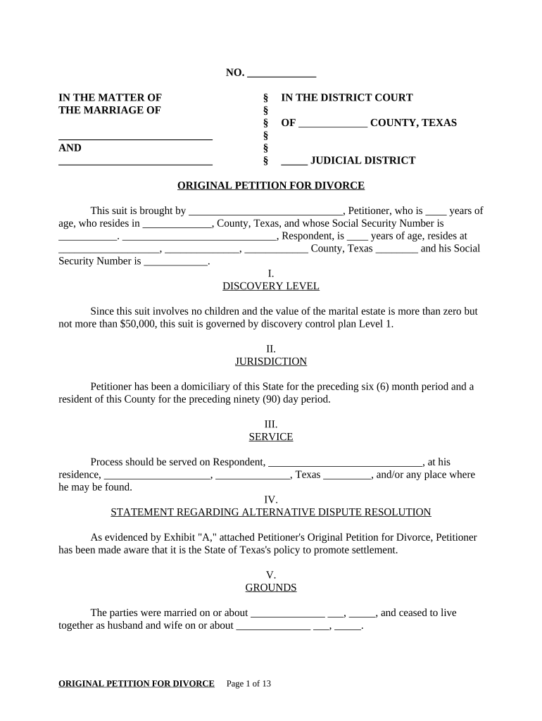 Texas Original Petition Divorce Doc Template PdfFiller