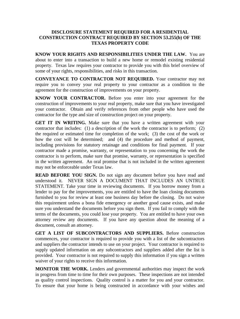 Disclosure Statement Required for a Residential Construction Contract ...