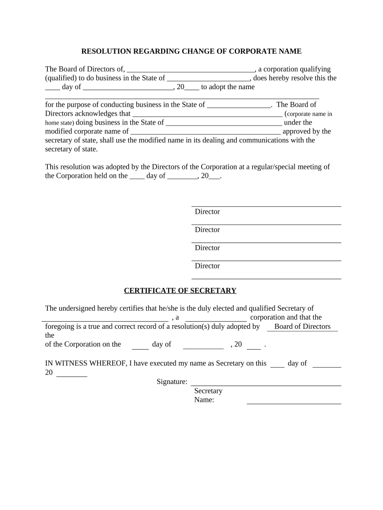 Resolution To Change Corporate Name Doc Template PdfFiller
