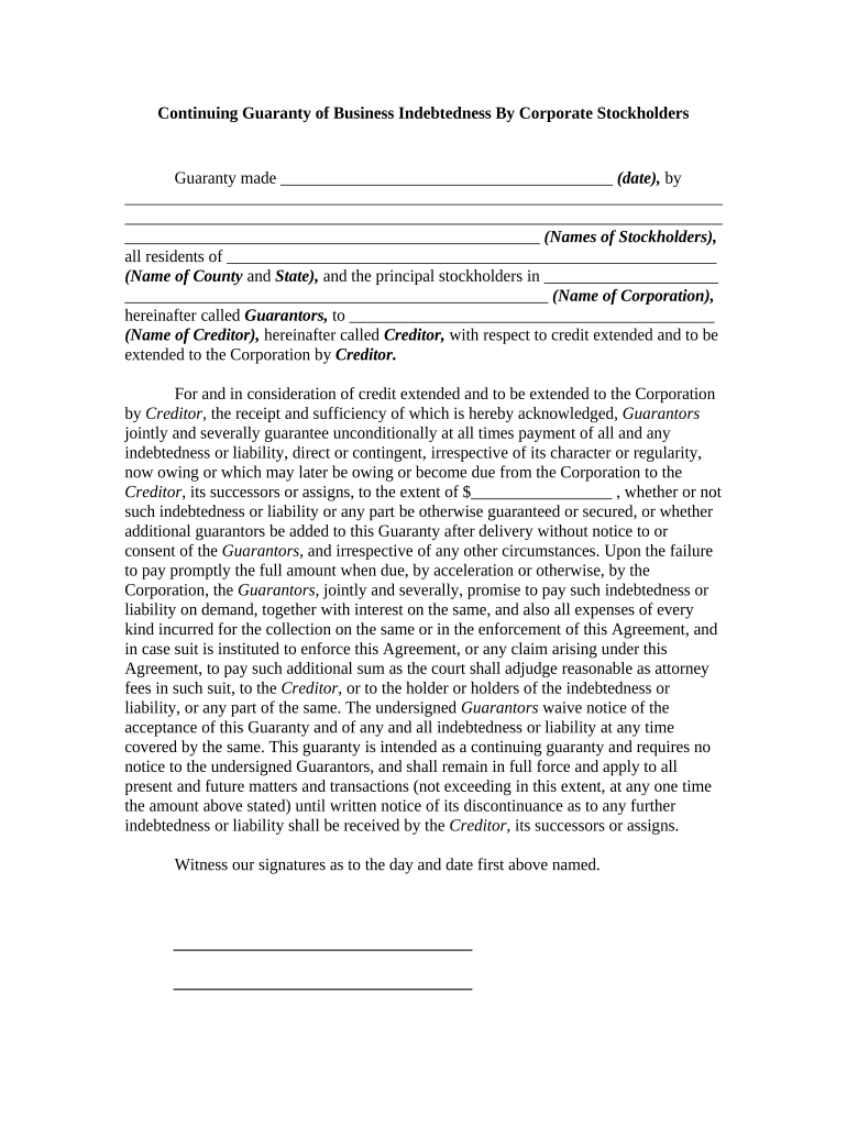 Continuing Guaranty of Business Indebtedness By Corporate Stockholders ...