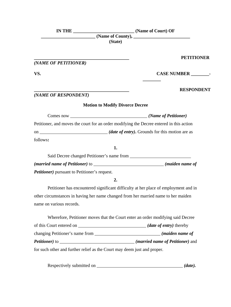 Motion to Modify or Amend Divorce Decree to Change Name Back to Married ...