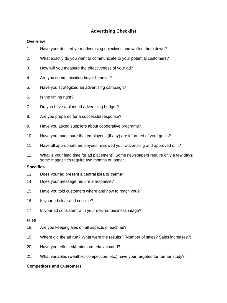 Advertising Checklist Doc Template | pdfFiller