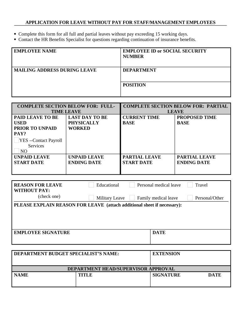 Application for Leave without Pay for Staff - Management Employees Doc ...