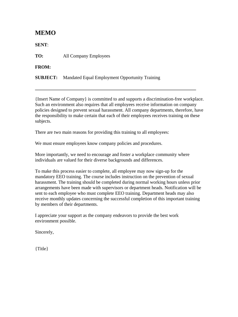 Memo - Mandated Equal Employment Opportunity Training Doc Template | pdfFiller